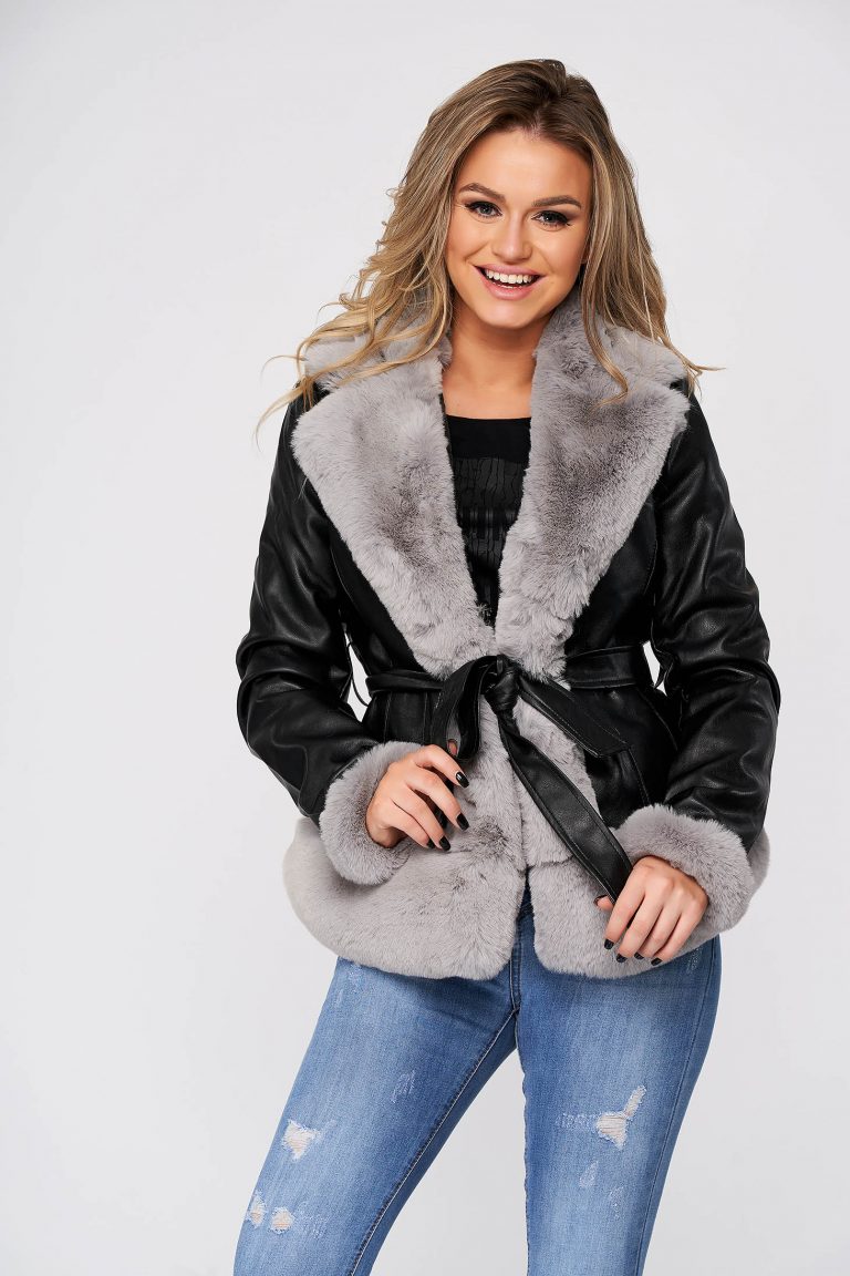 Geaca Dama SunShine Gri Casual Scurta Din Piele Ecologica Accesorizata ...