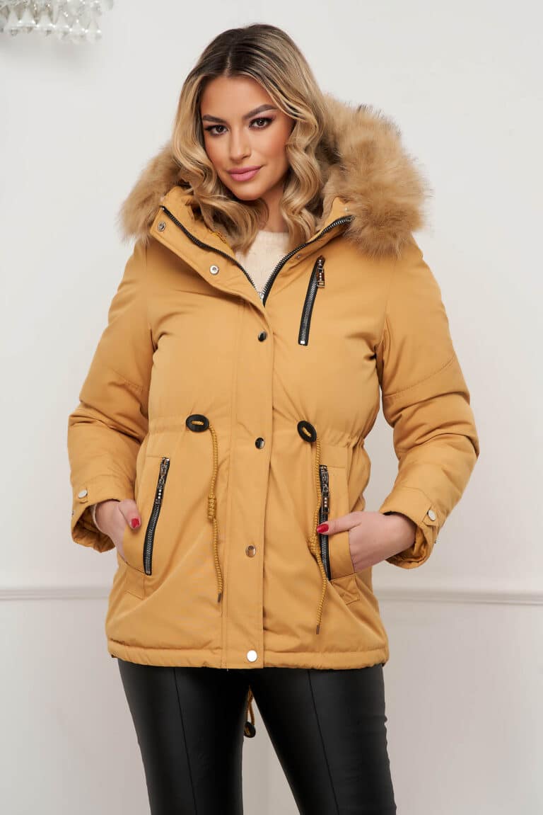 Geaca Dama SunShine Croi Drept Accesorizata Cu Blana Ecologica Galben ...