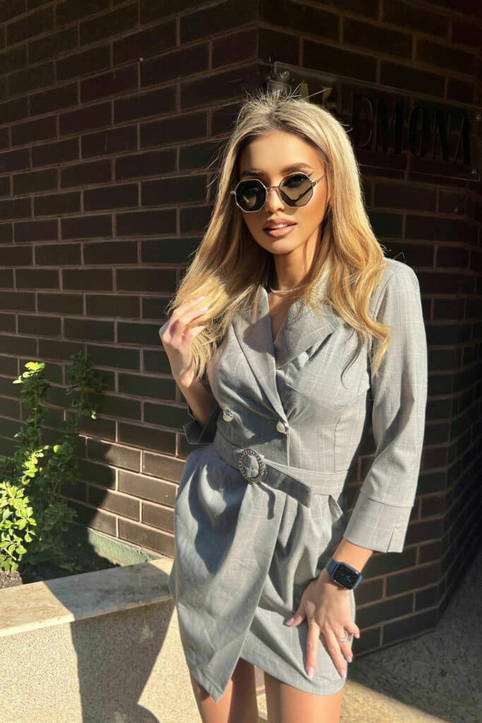 Rochie Dama tip Sacou, din Stofa Carou, cu Centura in talie, Moon, Gri ...